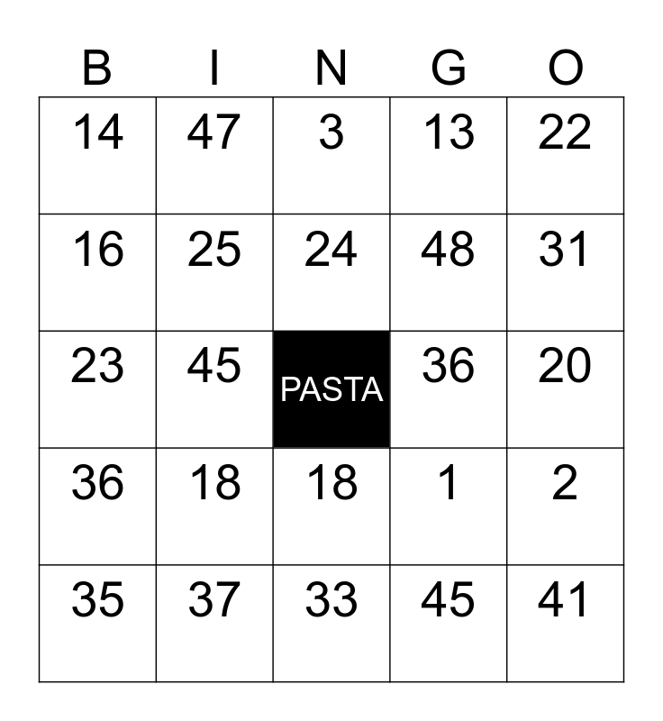 Pasta Night Bingo Card