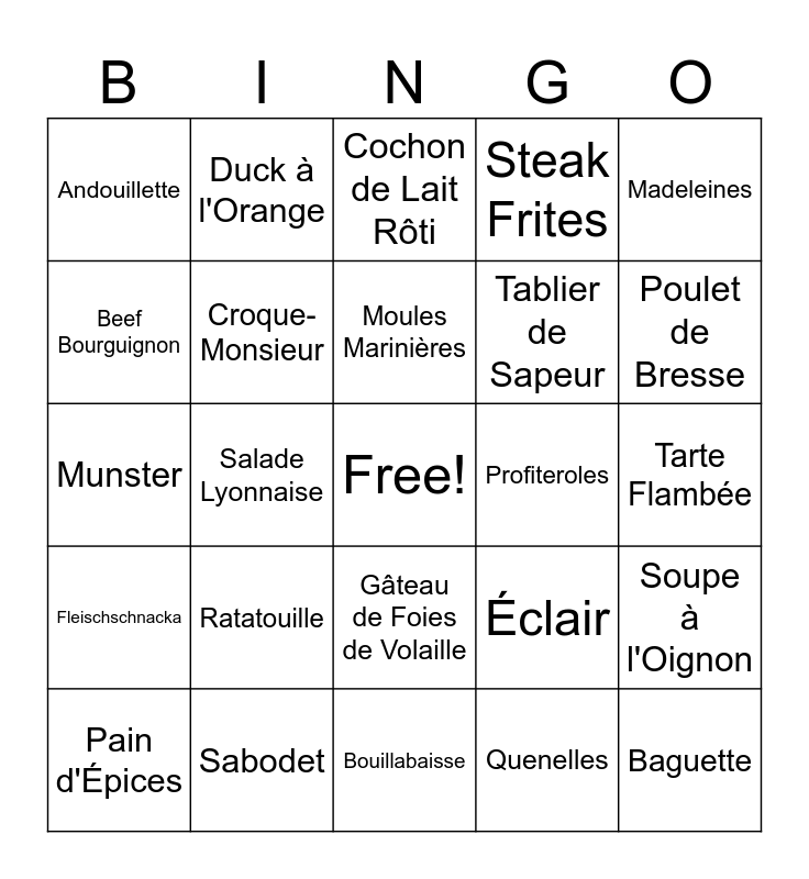French Food Bingo Card