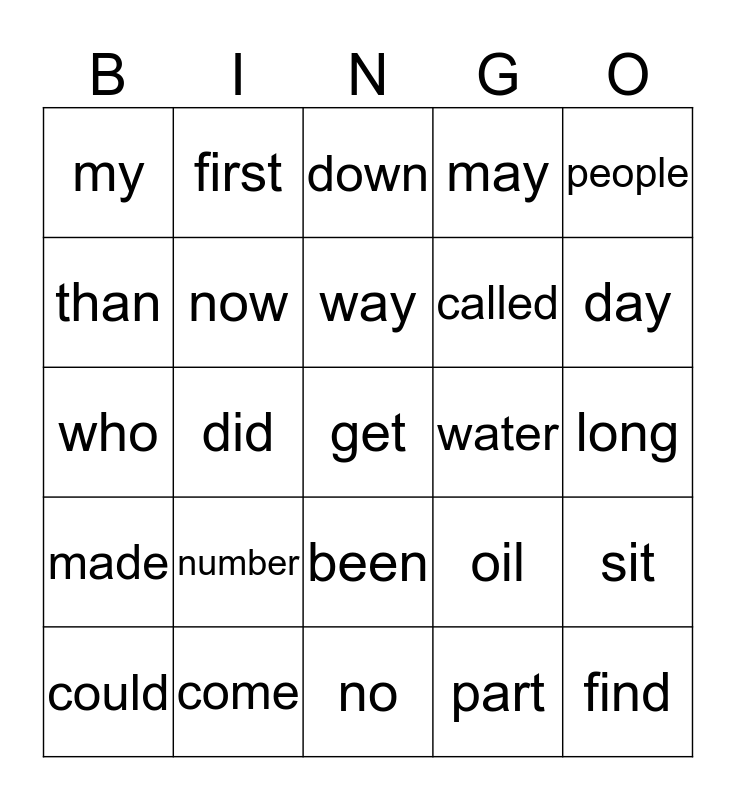 FRY WORDS 76-100 Bingo Card
