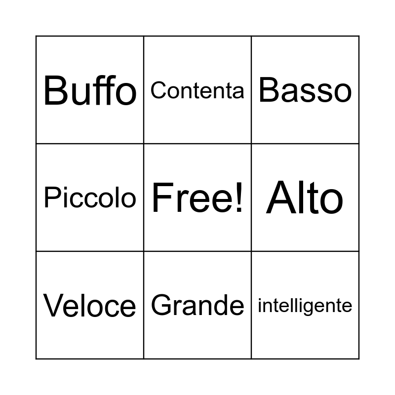 Tombola Adjectives in Italian Bingo Card