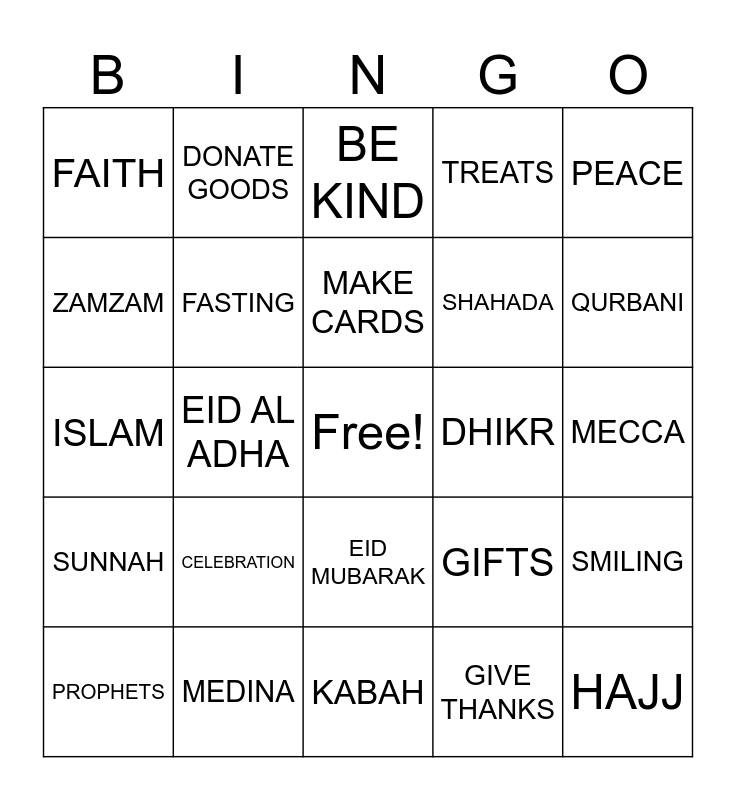 (ISLAMIC) EID BINGO Card