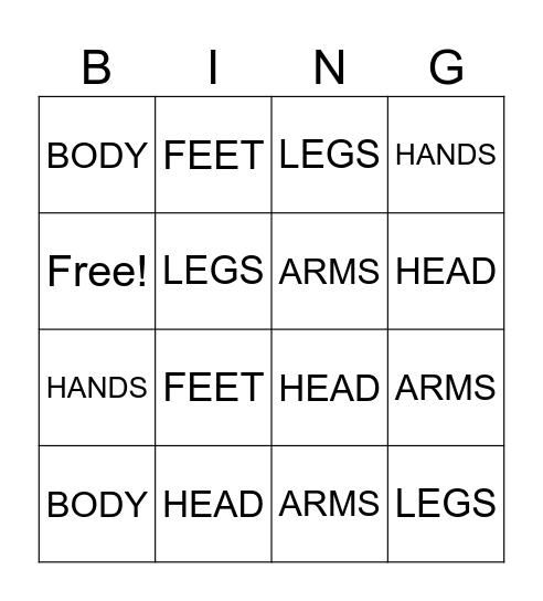 BODY PARTS Bingo Card
