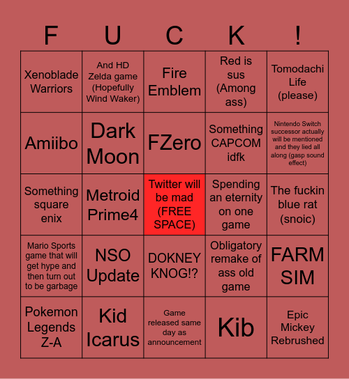 The End of Switch Bingo Card