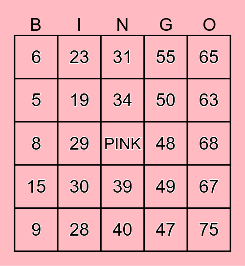 PINK Bingo Card