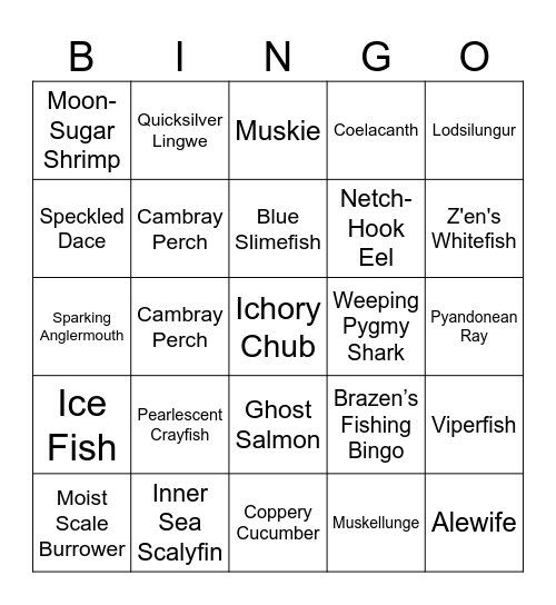 Brazen’s Fishing Bingo Card