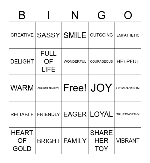 Amelia's Personality Bingo Card
