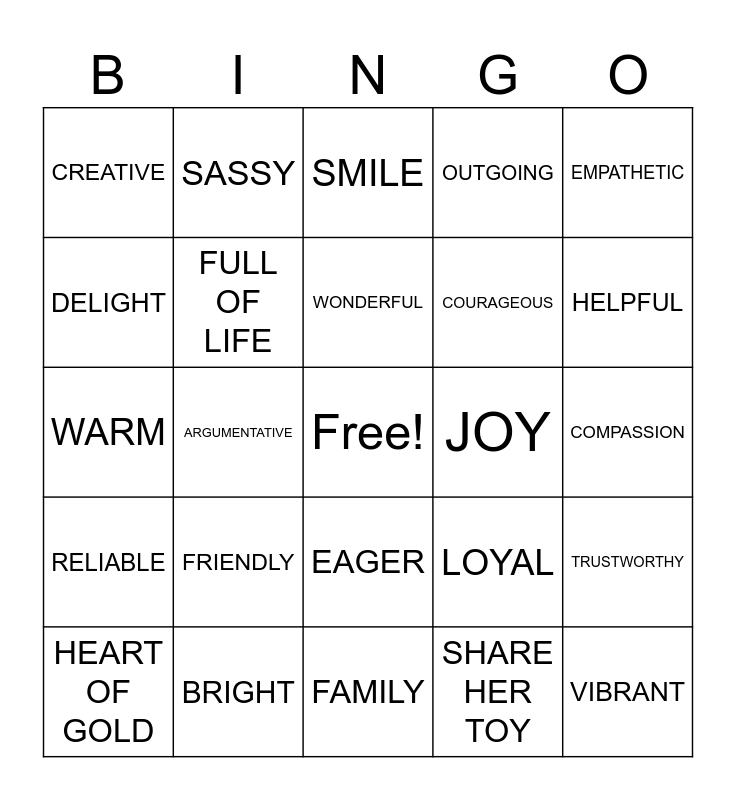 Amelia's Personality Bingo Card