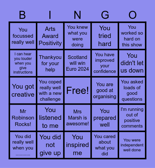 Positive Feedback Comments Bingo Card