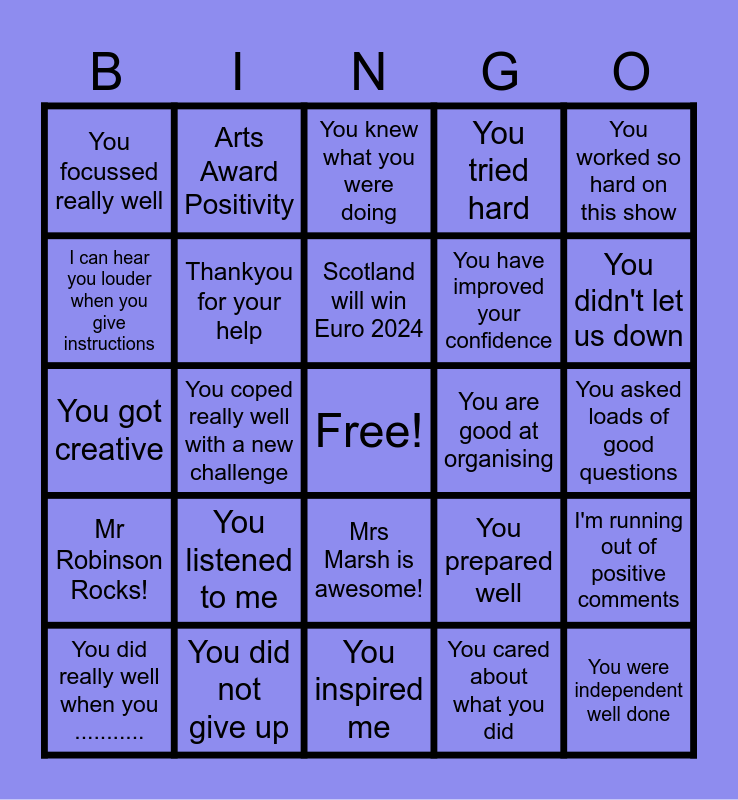 Positive Feedback Comments Bingo Card