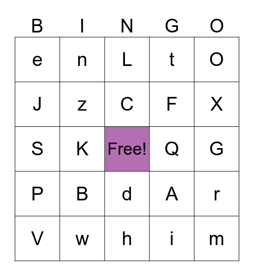 Uppercase and lowercase letters Bingo Card