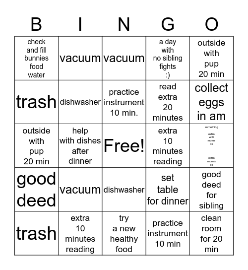 chore chart binngo Bingo Card