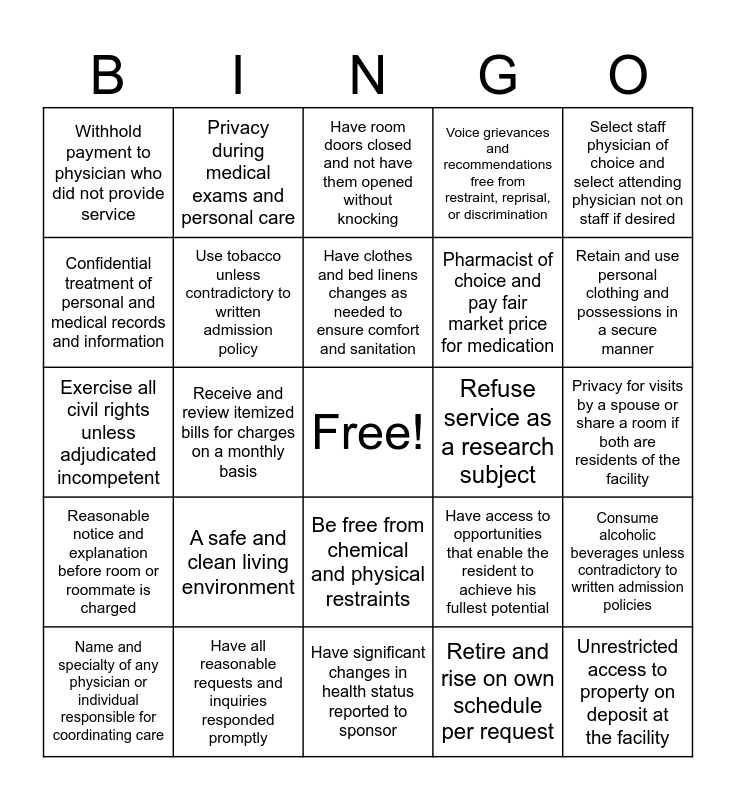 Residents Rights Bingo Card