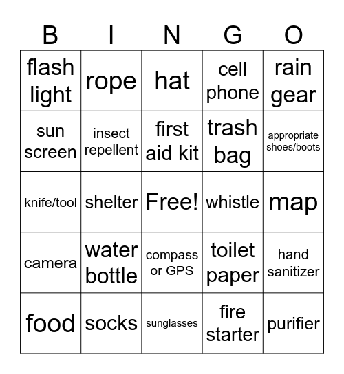 BACKPACK BINGO Card