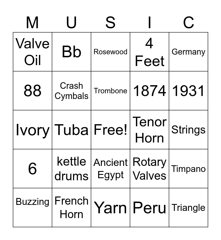 Instrument Trivia Bingo Card