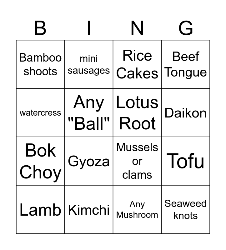 Hot Pot Bingo Card