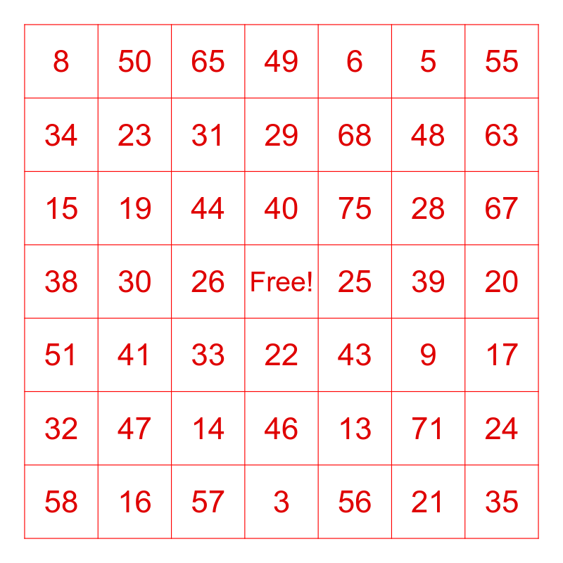 Number Bingo 1-100 Bingo Card