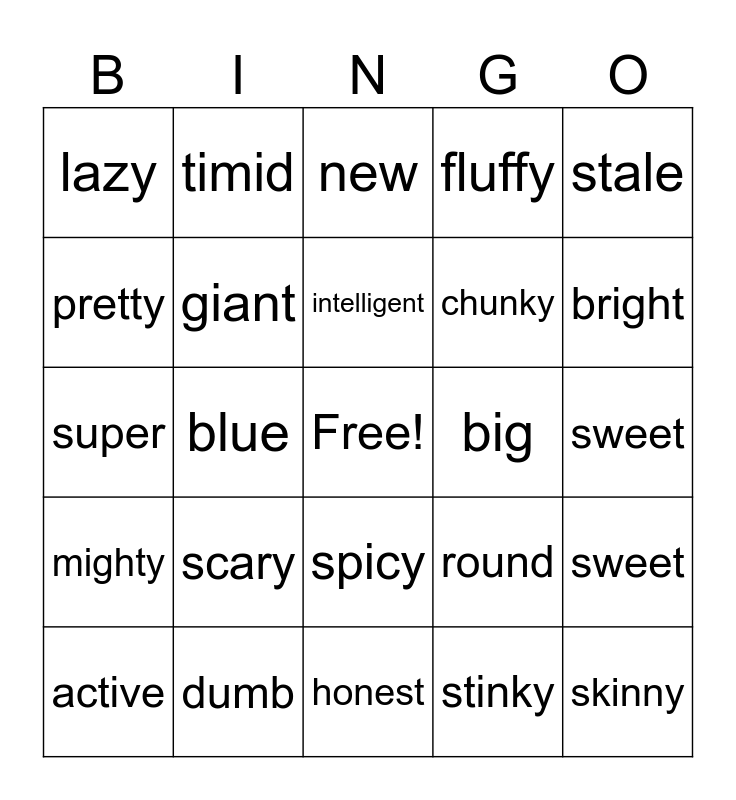 Adjective Bingo Card