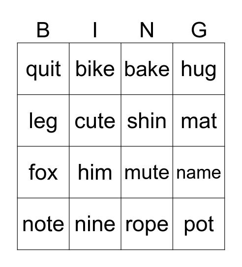 CVC and CVCe Words Bingo Card