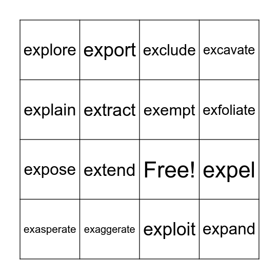 Prefix ex- Bingo Card