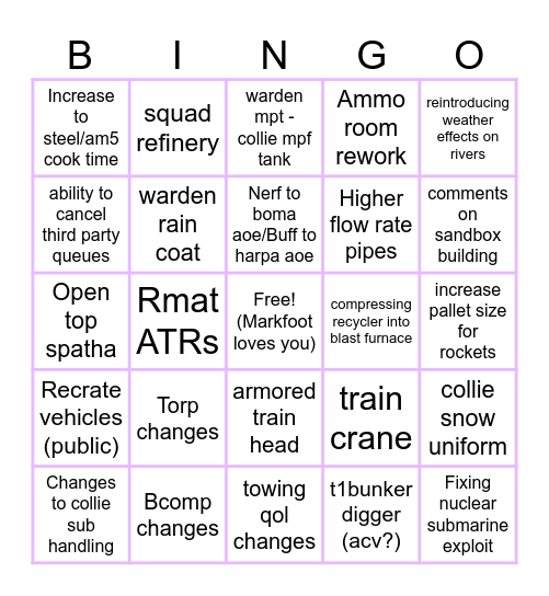 Dev stream June 25th Bingo Card