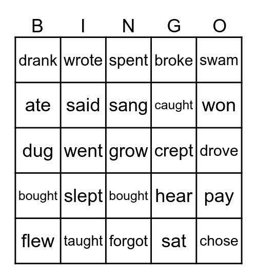 Irregular Verbs Bingo Card