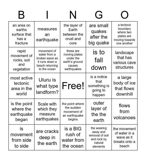 EARTHQUAKE DEFINITIONS Bingo Card
