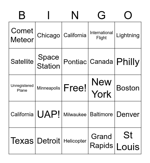 UAP Bingo Card