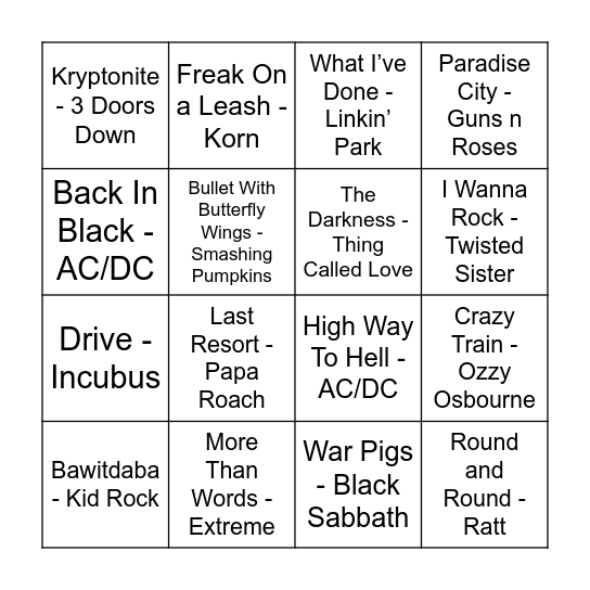 I Wanna Rock!!! Bingo Card