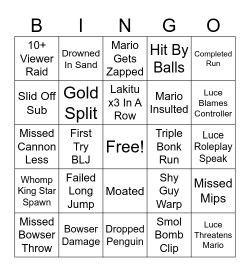 Luce Plays SM64 Bingo Card