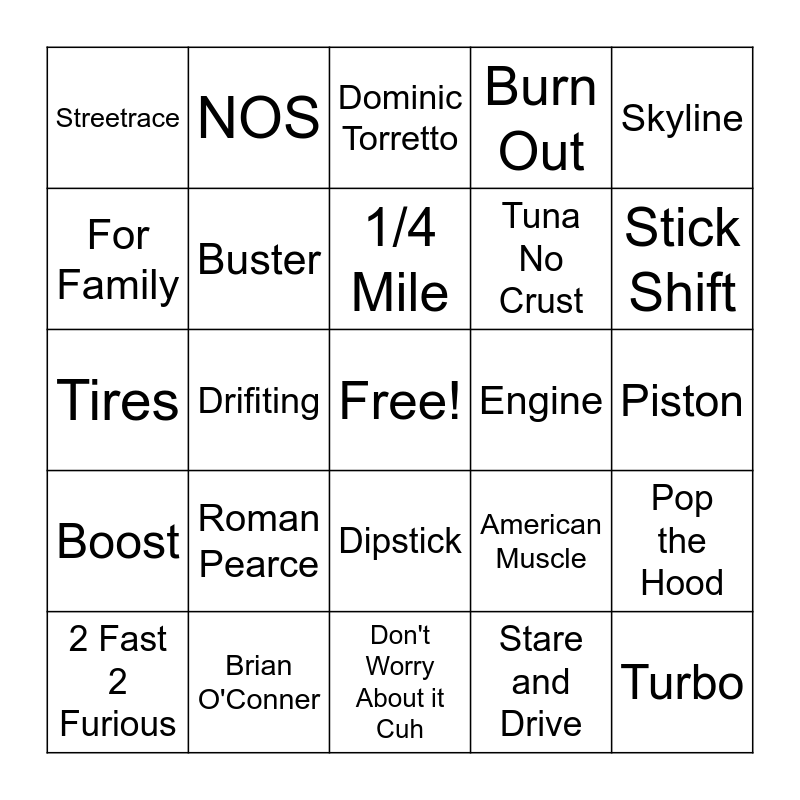 2 FAST 2 CURIOUS Bingo Card
