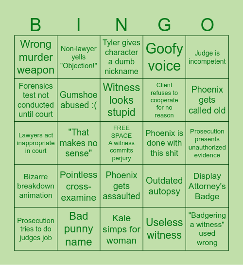 Ace Attorney Bingo Card