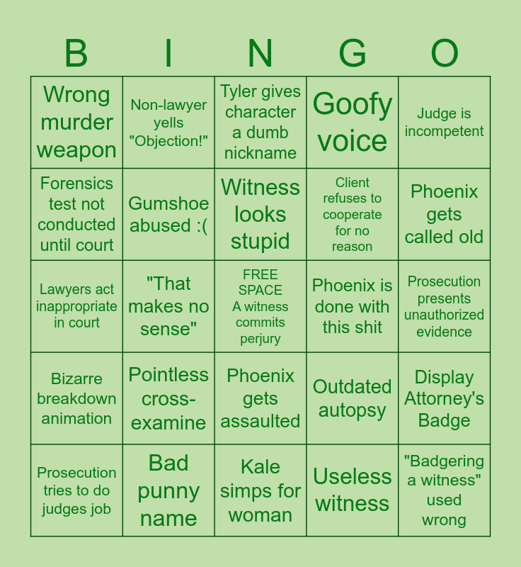 Ace Attorney Bingo Card