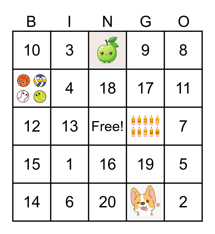 1 to 20 Number Bingo Card