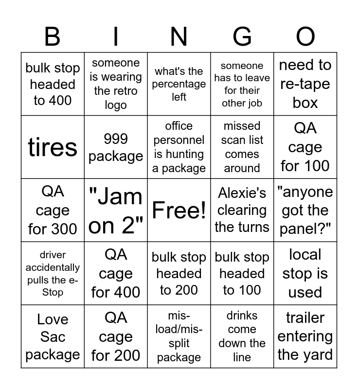 Fed Ex Ground 0193 Bingo Card
