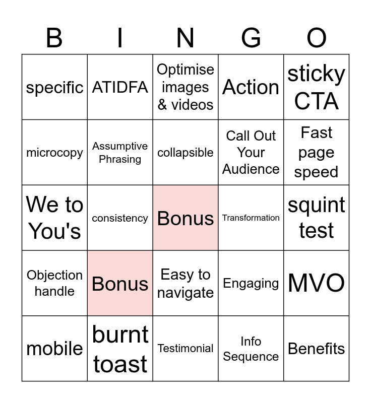 Conversion Optimisation Bingo Card