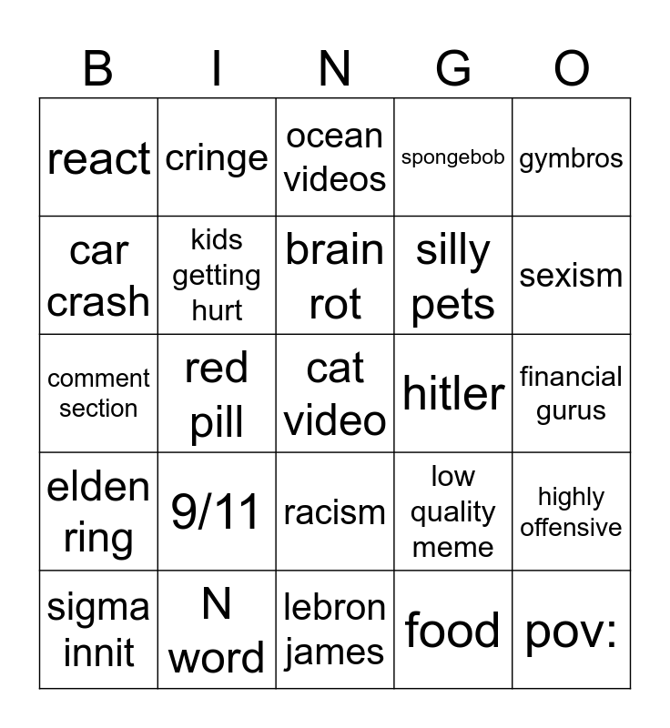 blind react instagram bingo Card