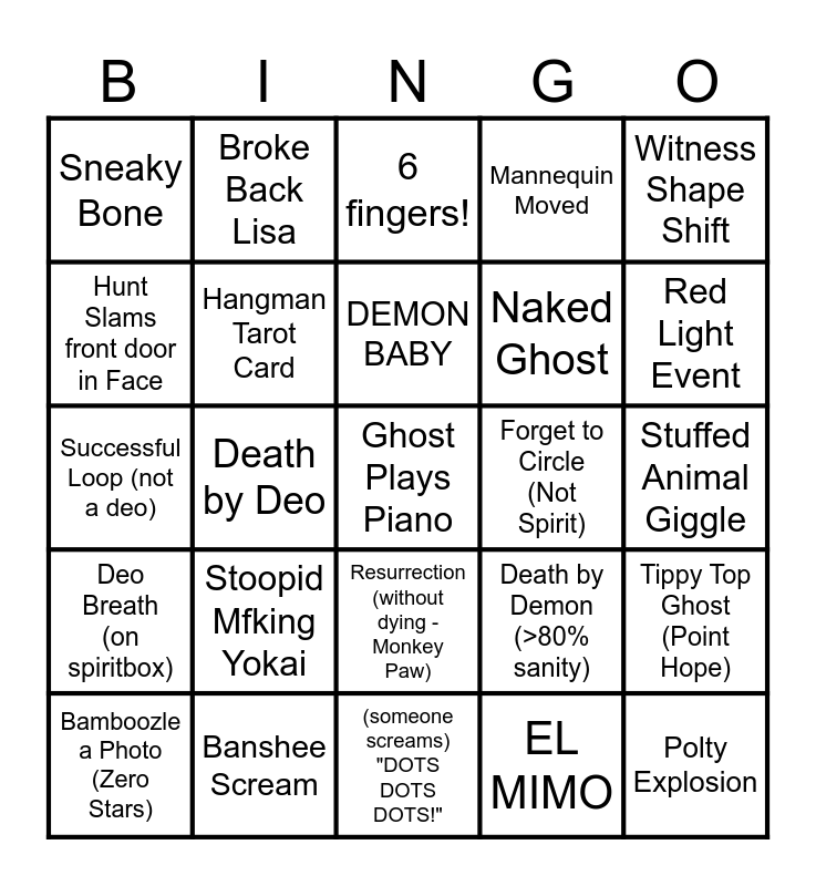 Phasmo Bingo Card
