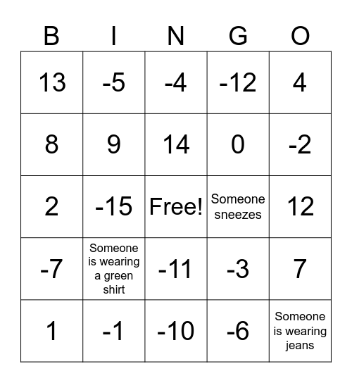 Negative Numbers Bingo Card