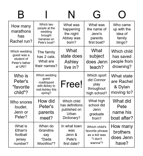 Family Bingo Card