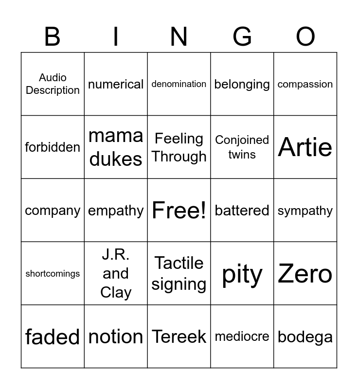 Feeling Through / Zero Bingo Card