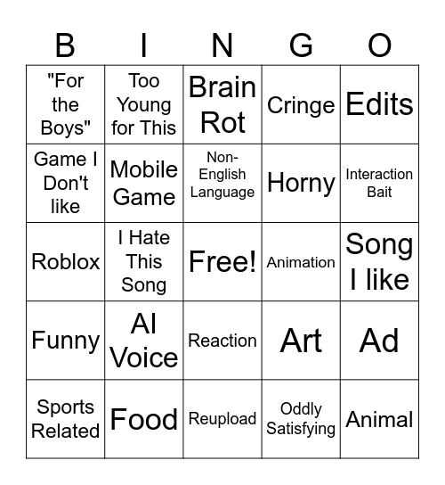 Youtube Short Bingo Card