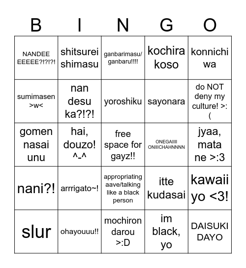 kiyo's cultural appropriation Bingo Card