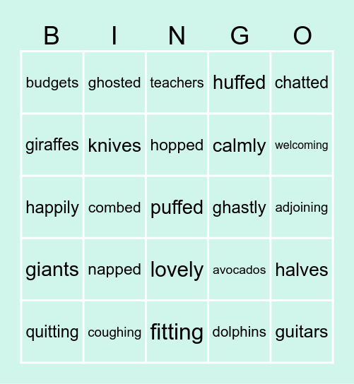 Suffixes Bingo Card