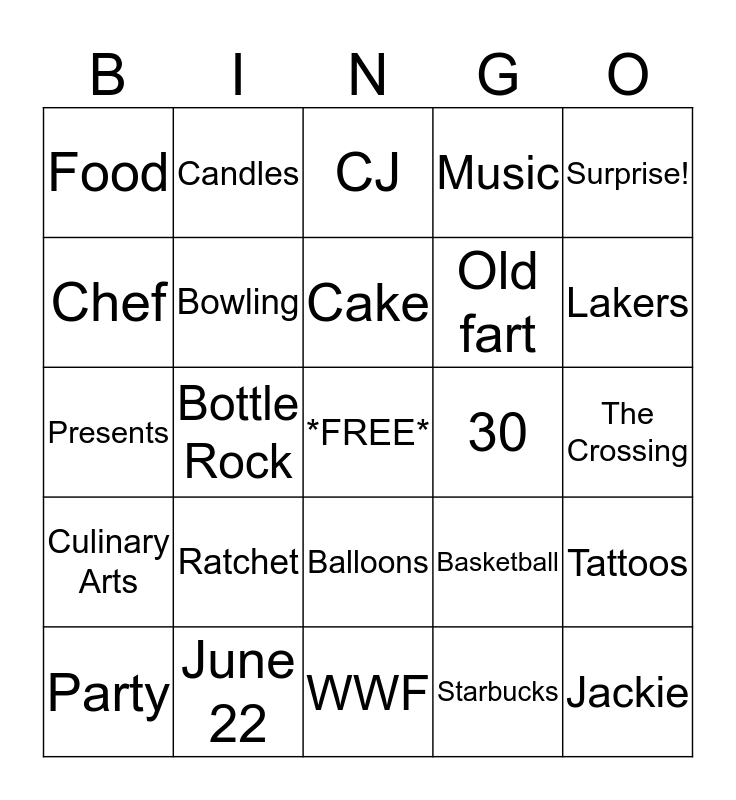 CJ's 30th Birthday Bingo Card