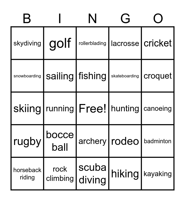 Outdoor Recreation Bingo Card