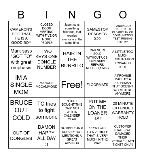 SERVICE DRIVE BINGO Card