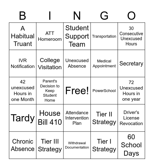 Attendance Board Policy Bingo Card
