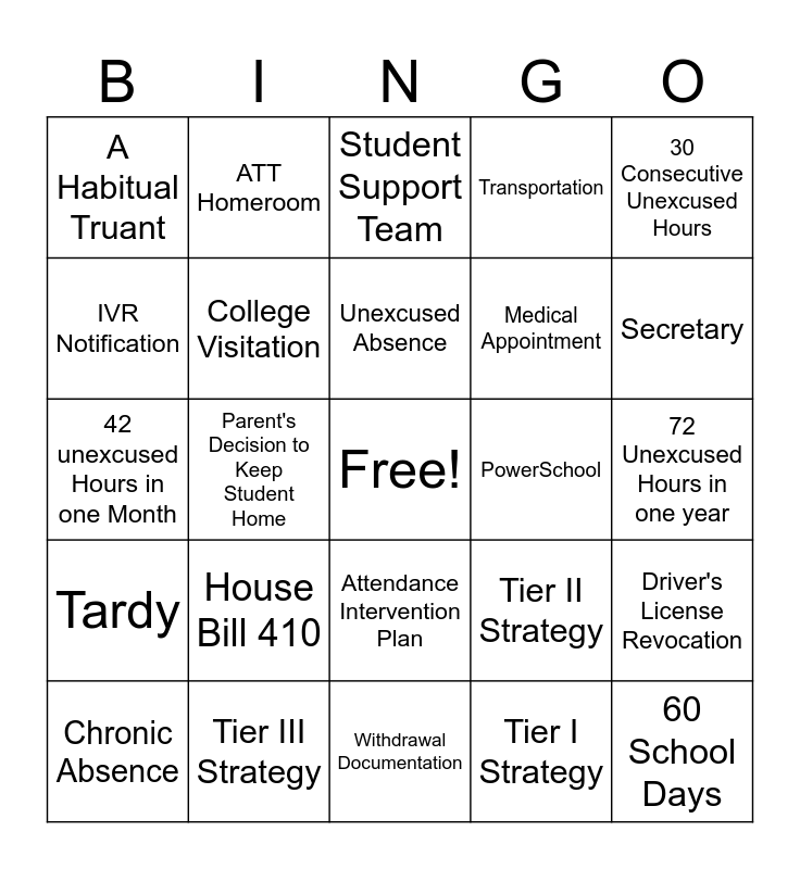 Attendance Board Policy Bingo Card