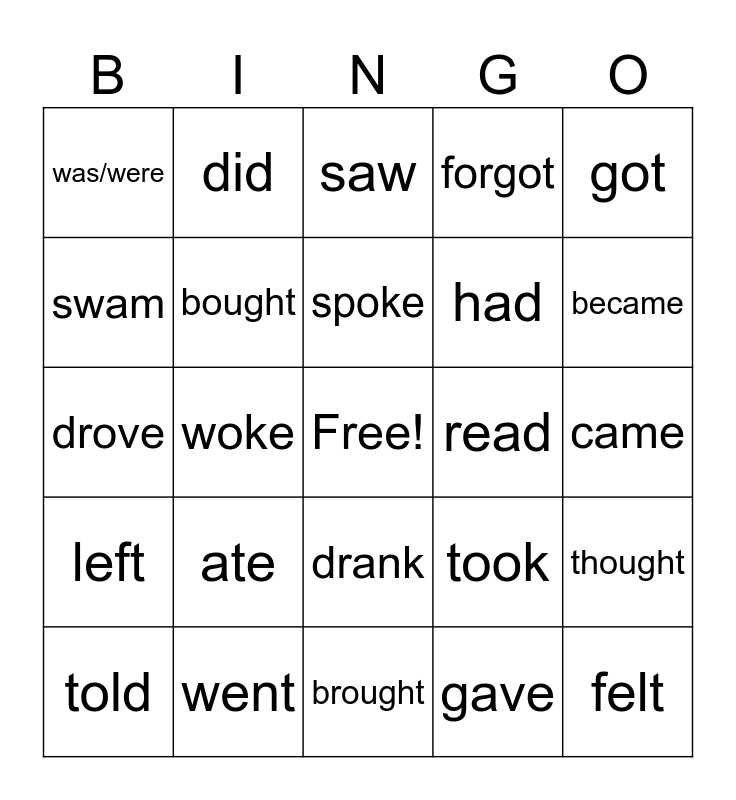 Irregular verbs Bingo Card