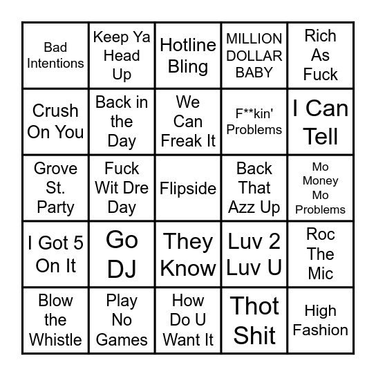 Vibe Bingo Hip Hop Bingo Card